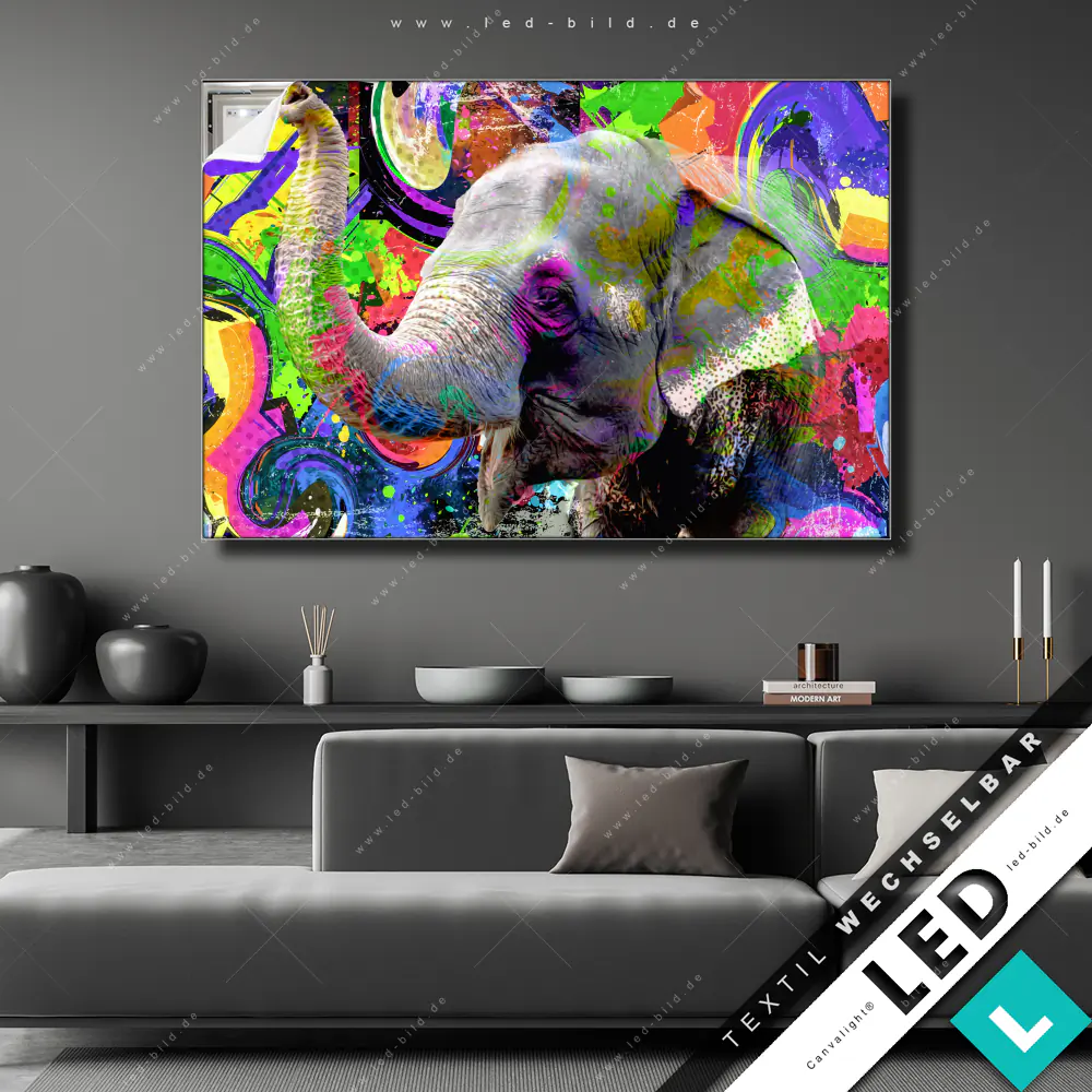 Canvalight® TEX LED-Bild Elefant mit moderner Färbung | Tierwelt ...