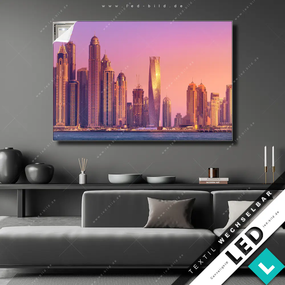 Canvalight® TEX LED-Bild farbenfroher Sommermorgen mit Wolkenkratzern ...